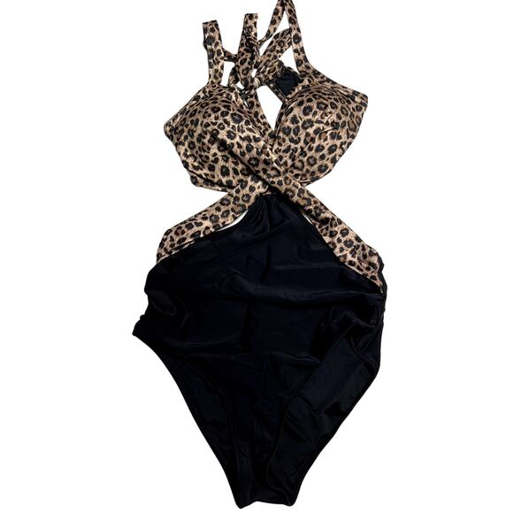 other | Swim | Leopard Printed One Piece Swimsuit Cut Outs Criss Cross ...